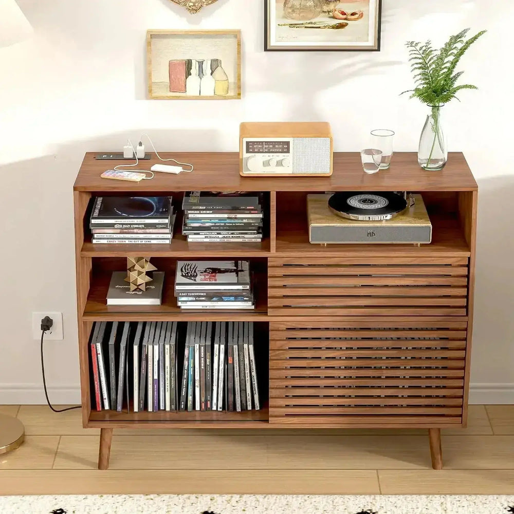 Mid-Century Record Player Stand with Charging Station & 450 Vinyl ...